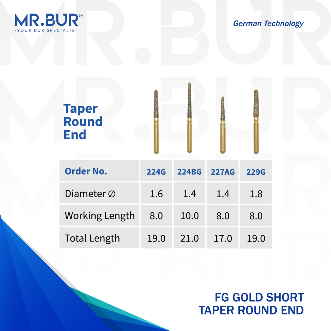 The Best Gold Taper Round End Diamond Bur Short FG | MR. BUR – Mr Bur