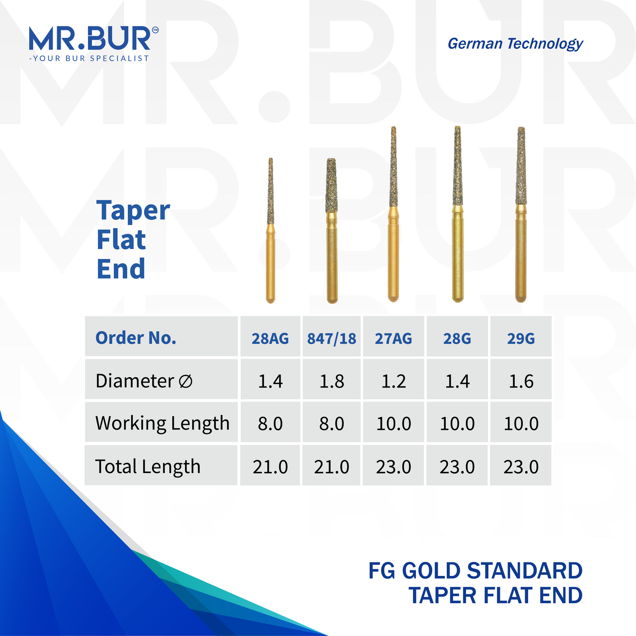 The Best Gold Taper Flat End Diamond Bur FG | MR. BUR – Mr Bur